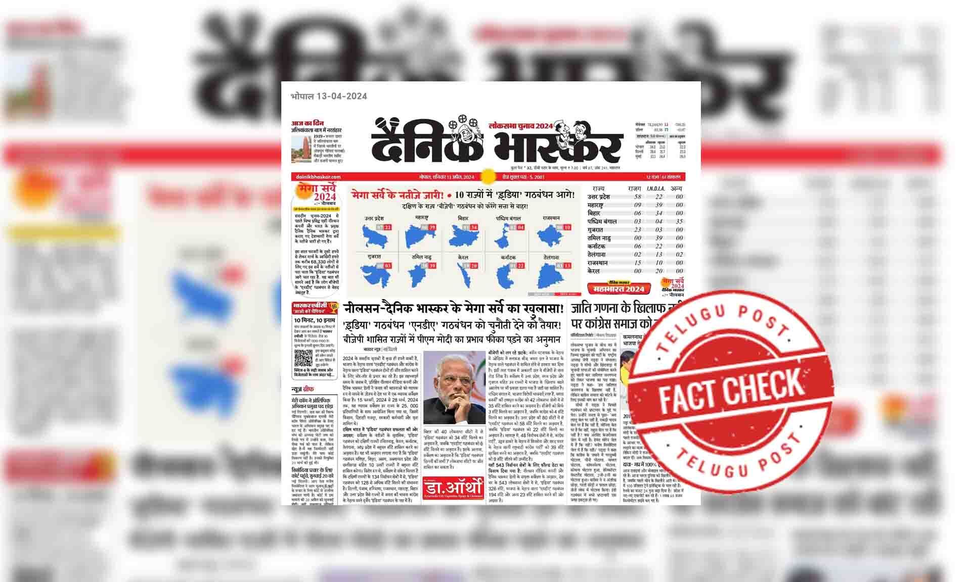Fact Check: Dainik Bhaskar did not publish any poll survey report claiming that INDIA Alliance ...